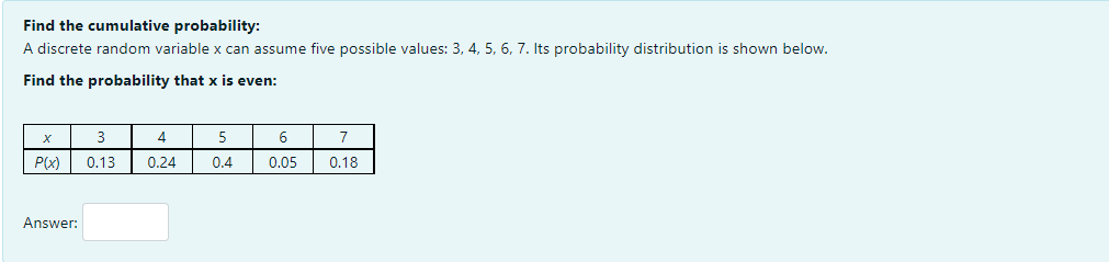 Solved Find the cumulative probability: A discrete random | Chegg.com