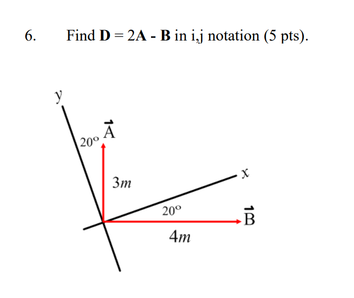 Solved 6. Find D-2A - B in i,j notation (5 pts). 20o 3m 20o | Chegg.com