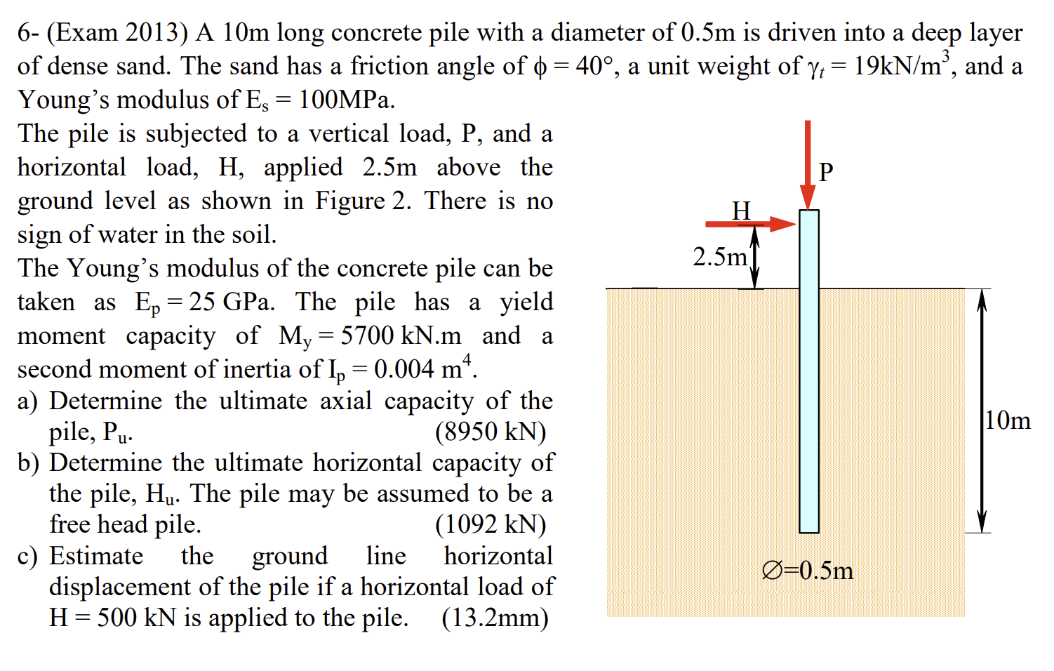 Solved 6- (Exam 2013) A 10 m long concrete pile with a | Chegg.com