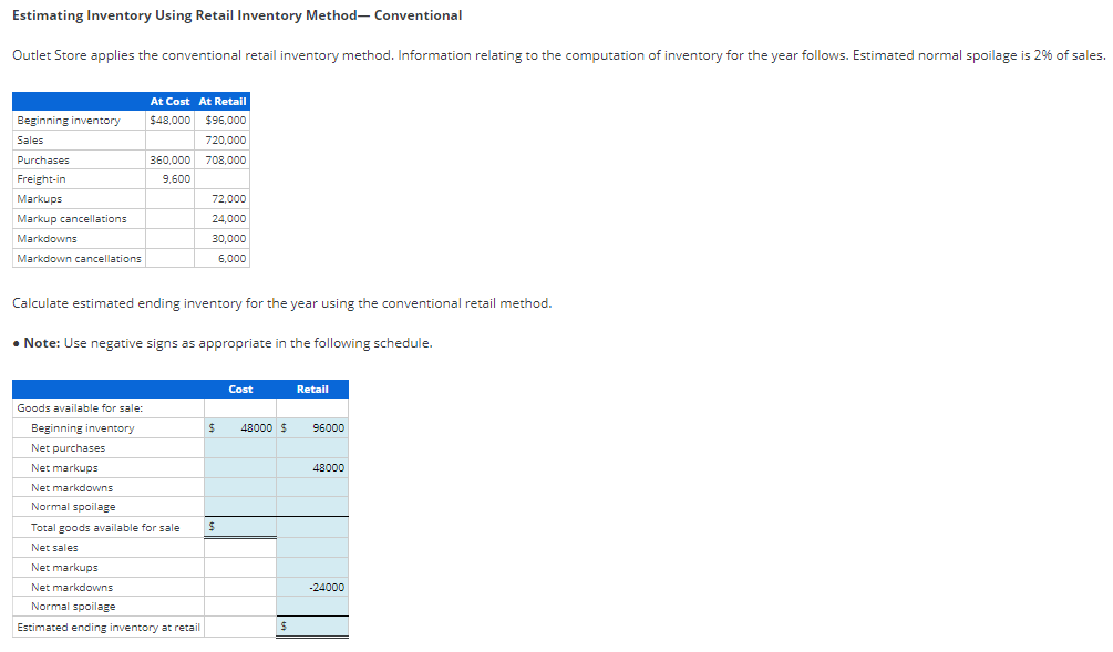 Estimating Inventory Using Retail Inventory | Chegg.com