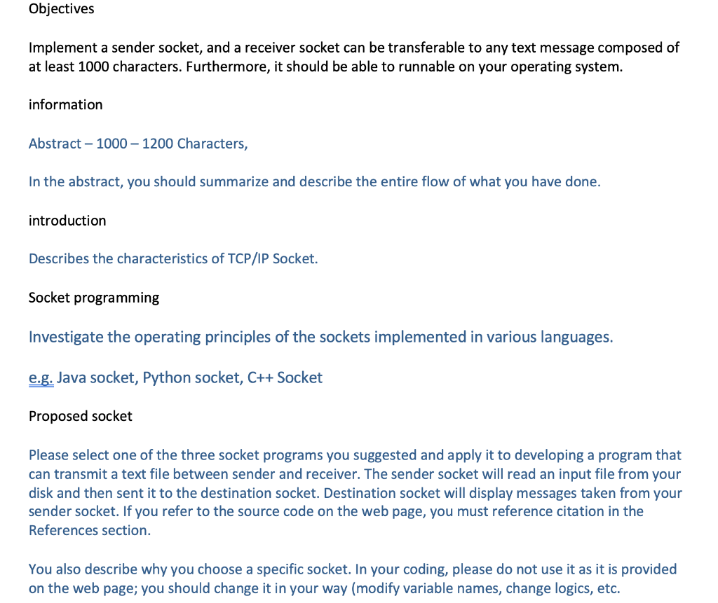 Solved Objectives Implement a sender socket, and a receiver | Chegg.com