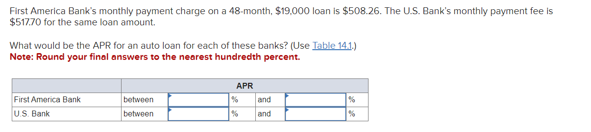Solved First America Bank's monthly payment charge on a | Chegg.com