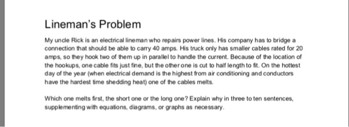 Solved Lineman's Problem My uncle Rick is an electrical | Chegg.com