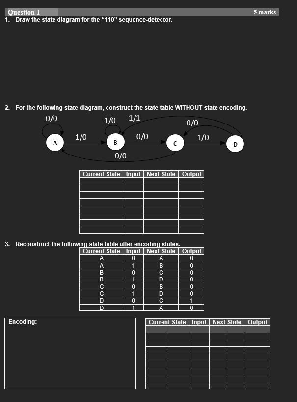 Solved 1.Draw the state diagram for the "110" | Chegg.com