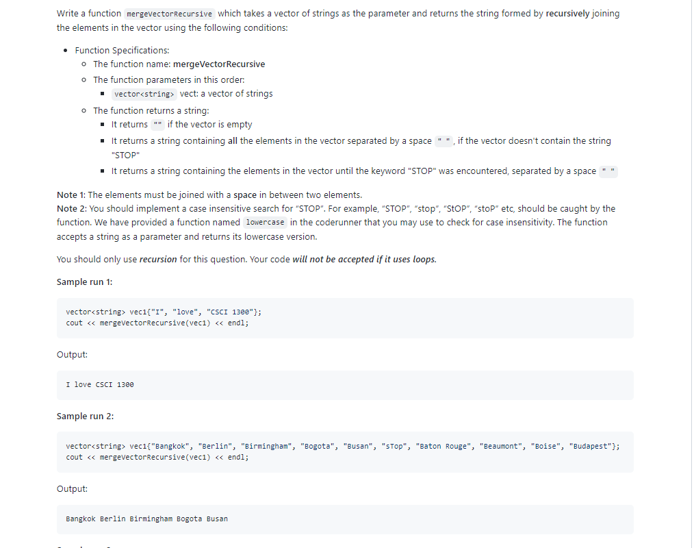 Solved Write a function mergevectorRecursive which takes a | Chegg.com