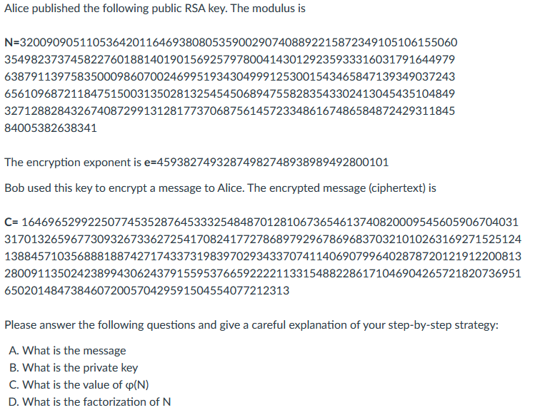 Alice published the following public RSA key. The | Chegg.com