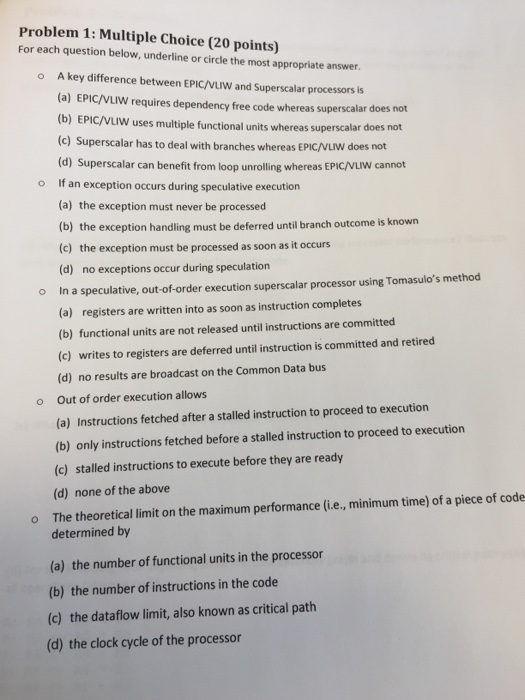 Solved Problem 1: Multiple Choice (20 points) For each | Chegg.com