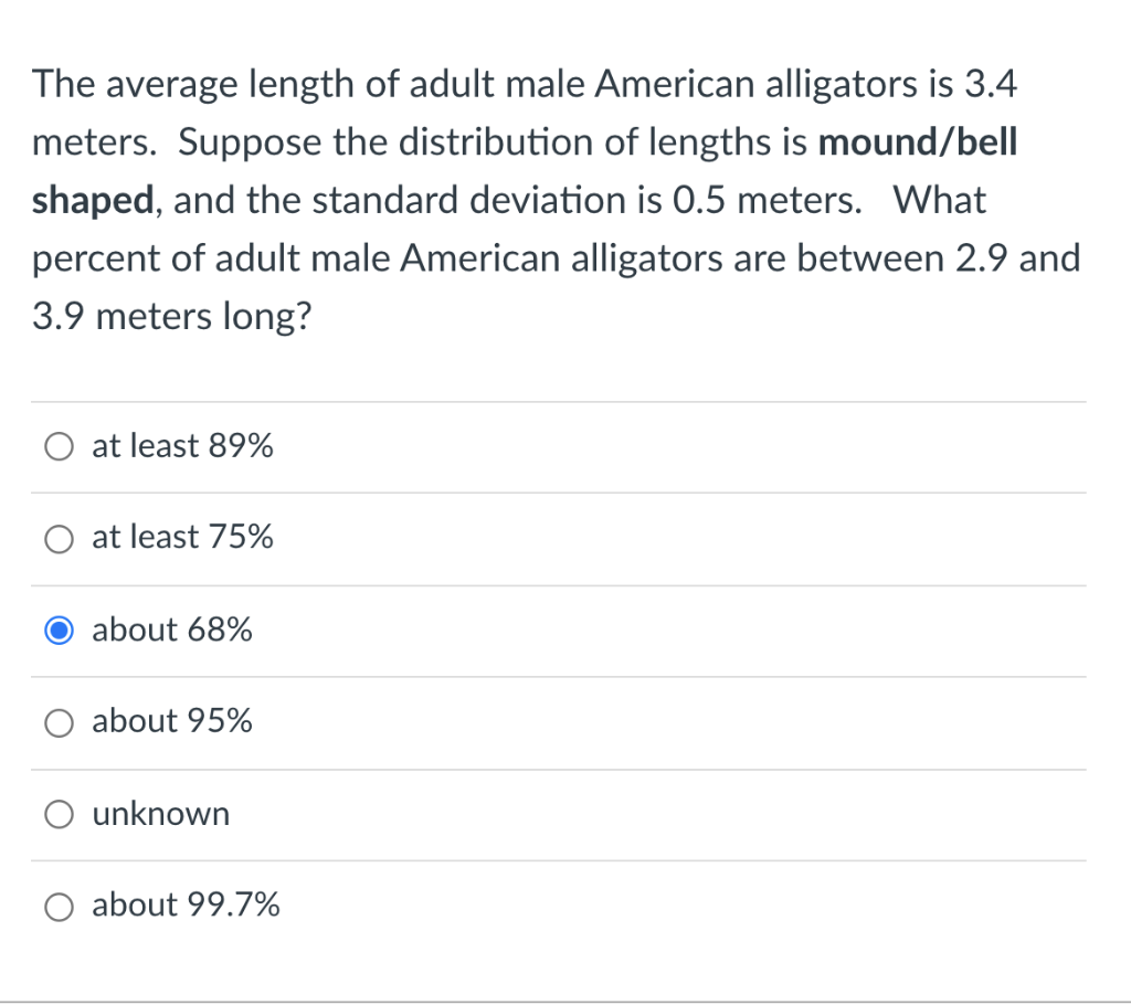 Solved The average length of adult male American alligators | Chegg.com