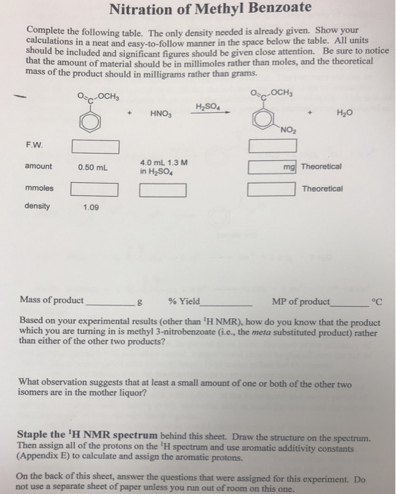 Solved Nitration of Methyl Benzoate Complete the following | Chegg.com