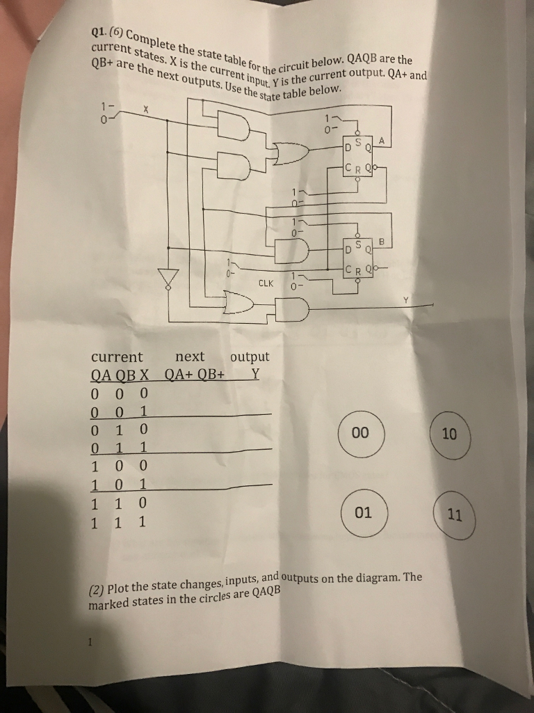 Solved 1 (6) Complete the state table oheth ulow current | Chegg.com