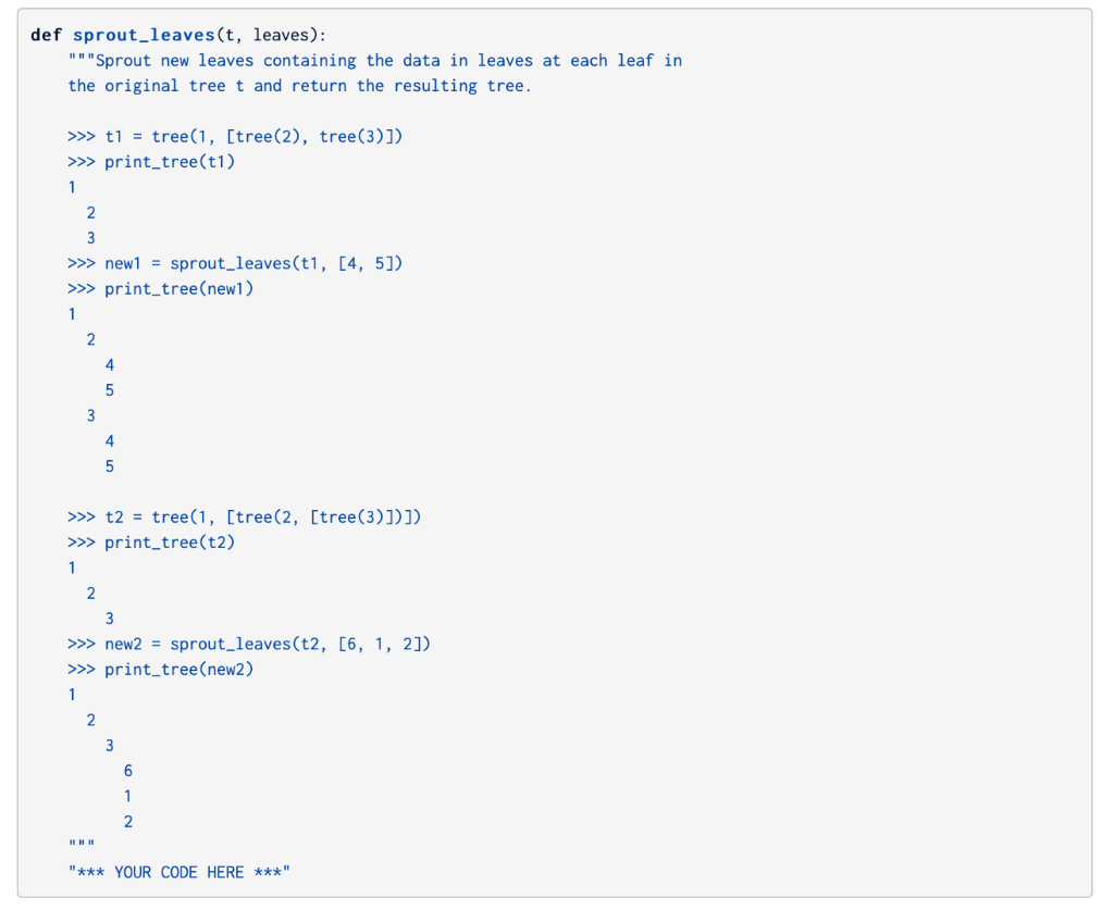 Solved Define a function sprout_leaves that takes in a tree, | Chegg.com