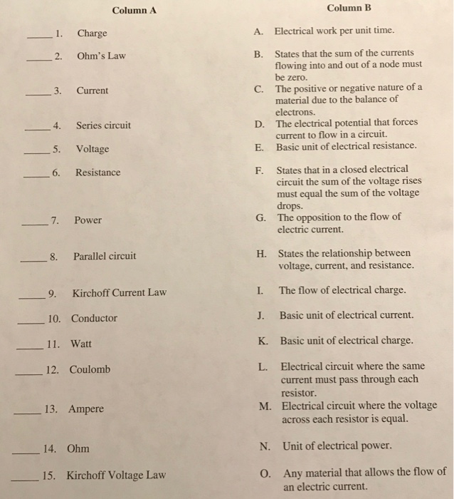 Solved Column A Column B Charge Electrical work per unit | Chegg.com