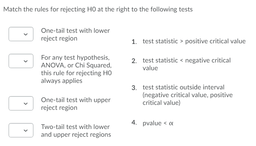 Solved Match the rules for rejecting HO at the right to the | Chegg.com