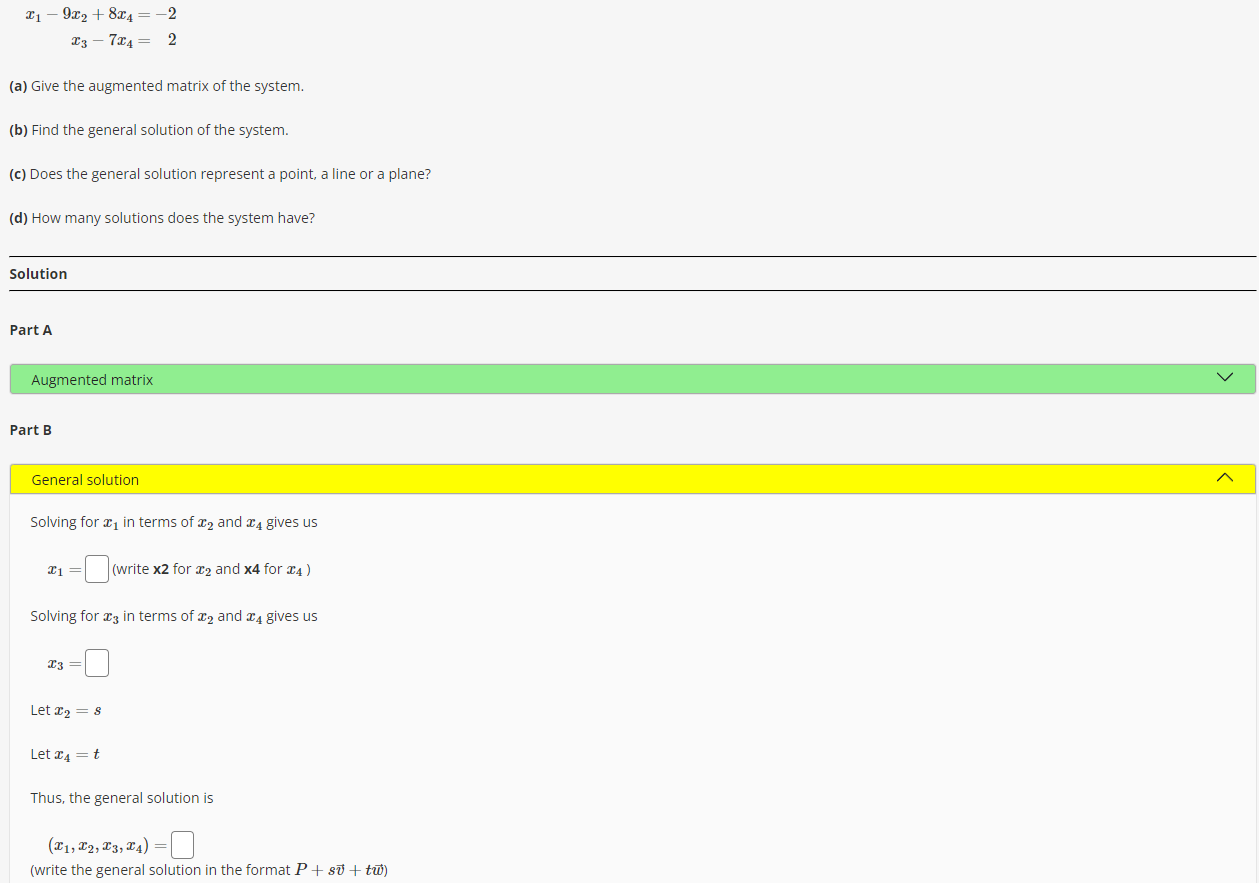 Solved x1−9x2+8x4=−2x3−7x4=2 (a) Give the augmented matrix | Chegg.com