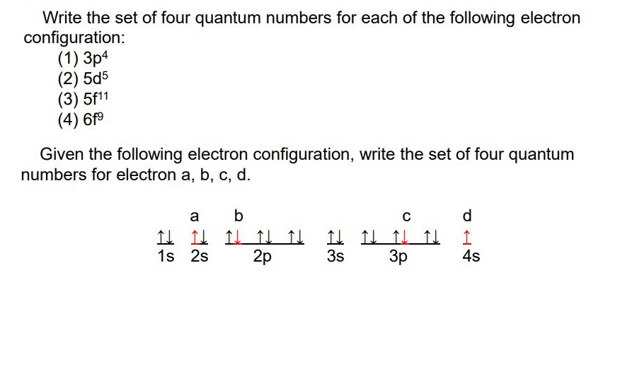 Solved Write the set of four quantum numbers for each of the | Chegg.com