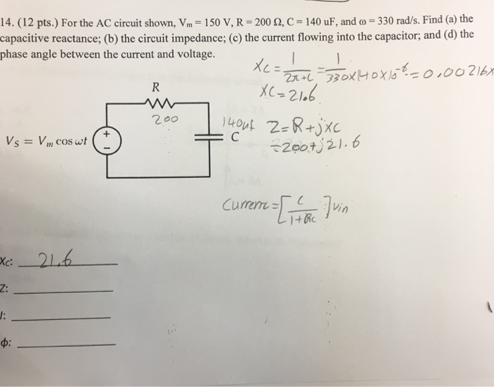 Solved 14, (12 pts.) For the AC circuit shown, Vm-150 V, R = | Chegg.com