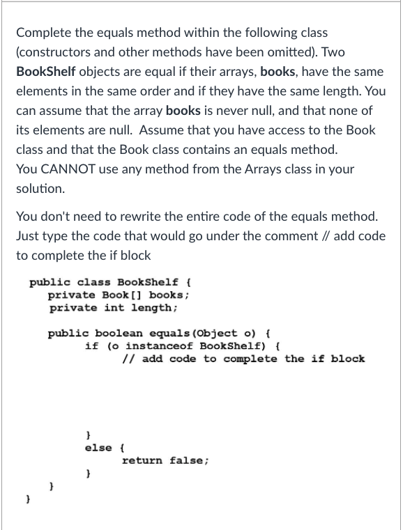 Solved Complete the equals method within the following class | Chegg.com