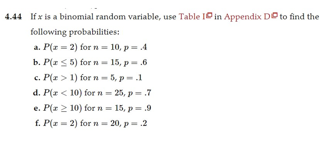 Solved 4.44 If x is a binomial random variable, use Table I | Chegg.com