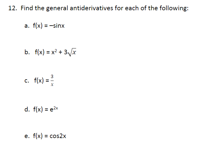 Solved 12. Find the general antiderivatives for each of the | Chegg.com