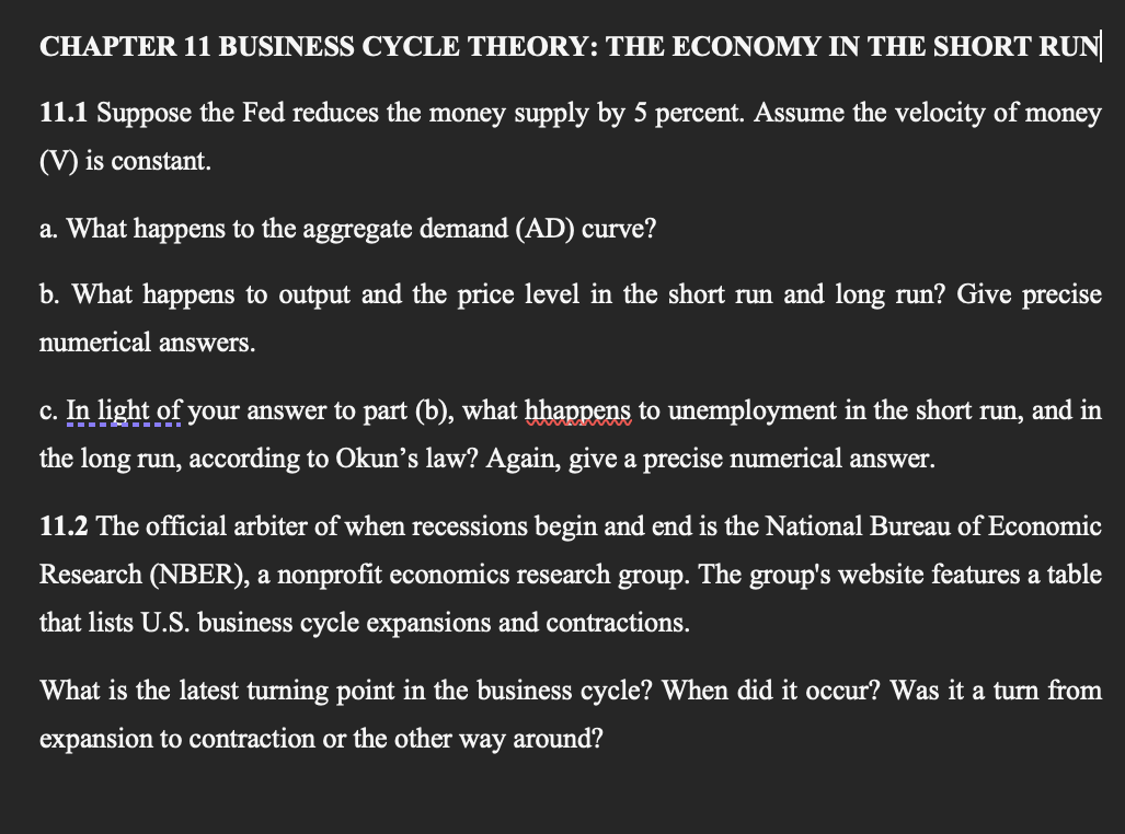 Solved CHAPTER 11 BUSINESS CYCLE THEORY: THE ECONOMY IN THE | Chegg.com