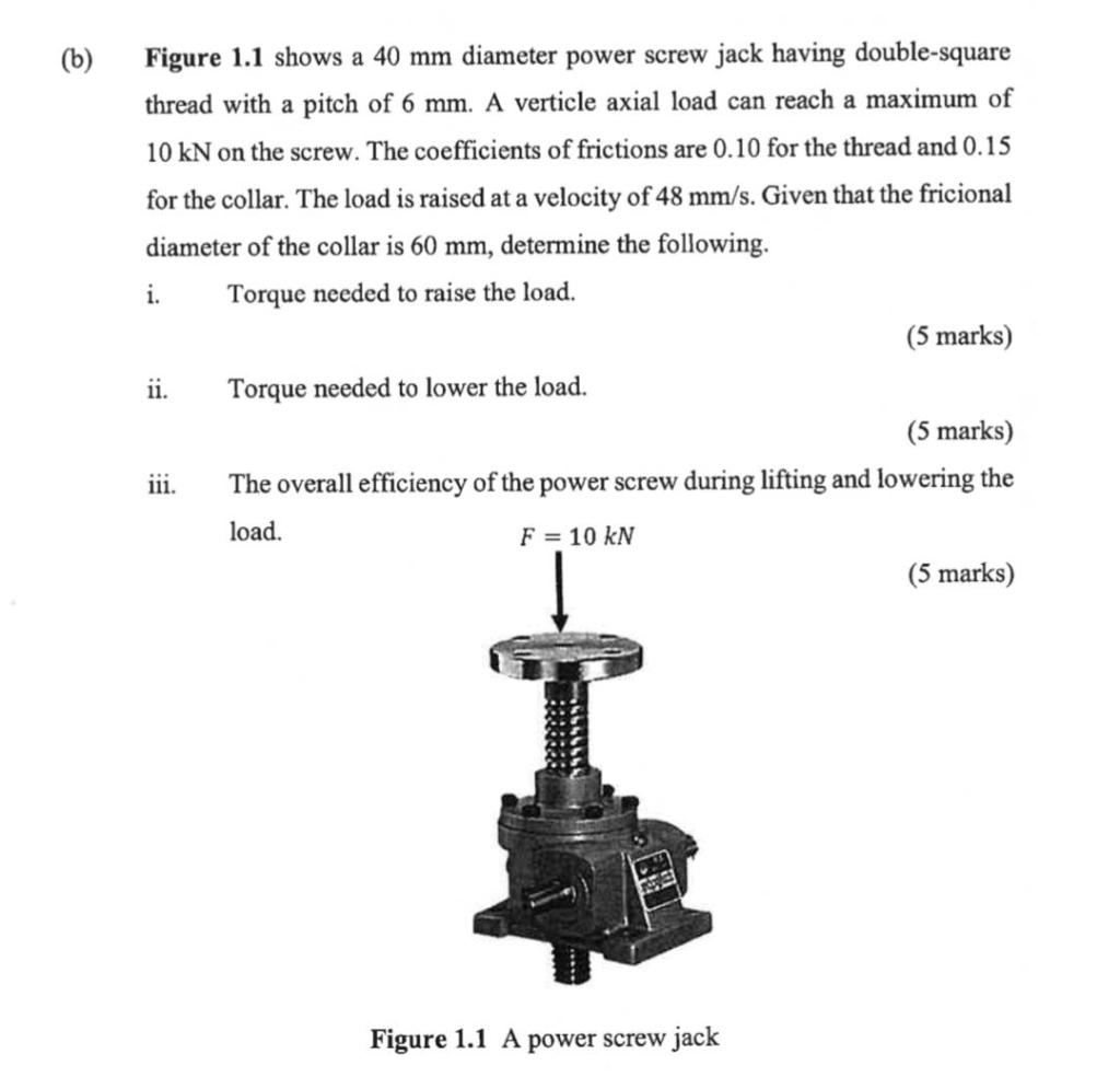 Solved (b) Figure 1.1 shows a 40 mm diameter power screw | Chegg.com
