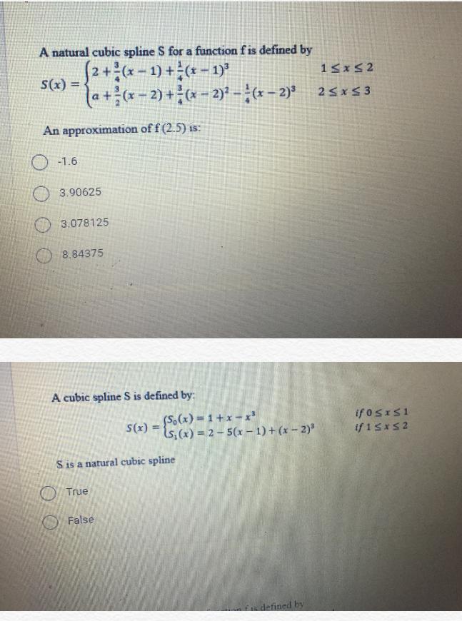 Solved 1sx52 A natural cubic spline S for a function fis | Chegg.com
