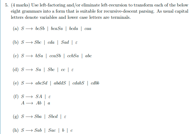 Solved 5. (4 marks) Use left-factoring and/or eliminate | Chegg.com