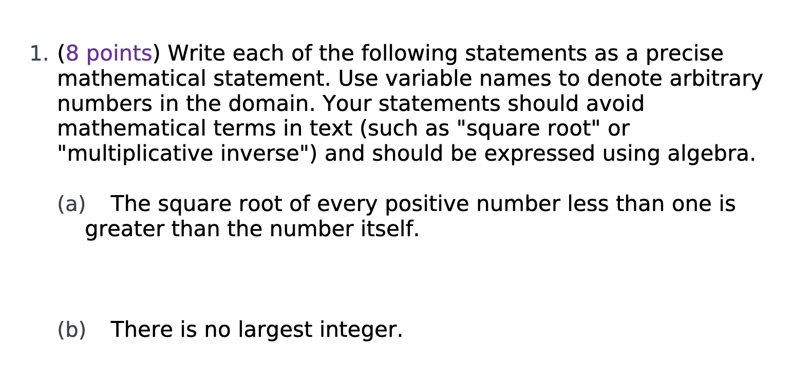 Solved 1. (8 points) Write each of the following statements | Chegg.com
