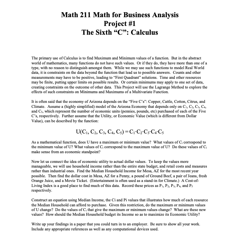 Math 211 Math for Business Analysis Project #1 The | Chegg.com