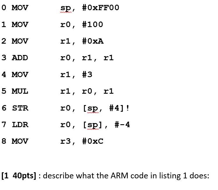 Solved O MOV sp, #0xFF00 1 MOV r0, #100 2 MOV ri, #OxA 3 ADD | Chegg.com