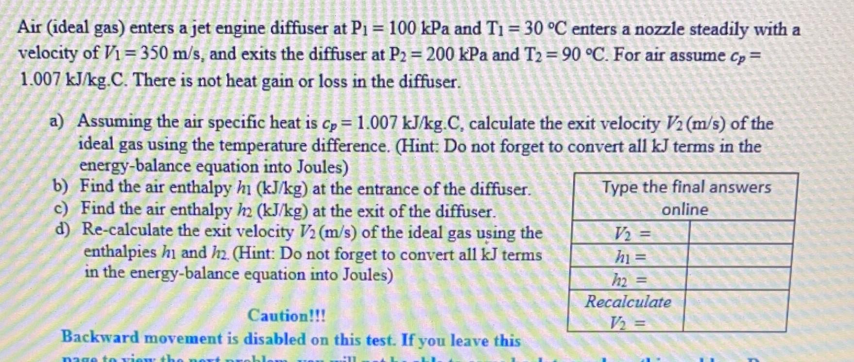 Solved Air (ideal gas) enters a jet engine diffuser at Pi = | Chegg.com