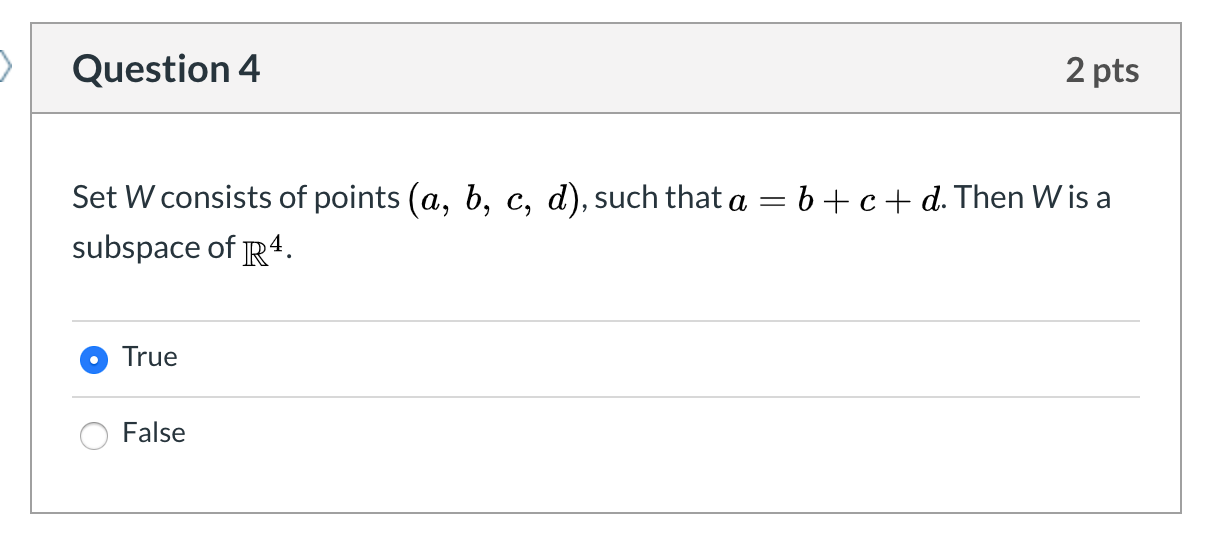 Solved Question 4 2 pts Set W consists of points (a, b, c, | Chegg.com