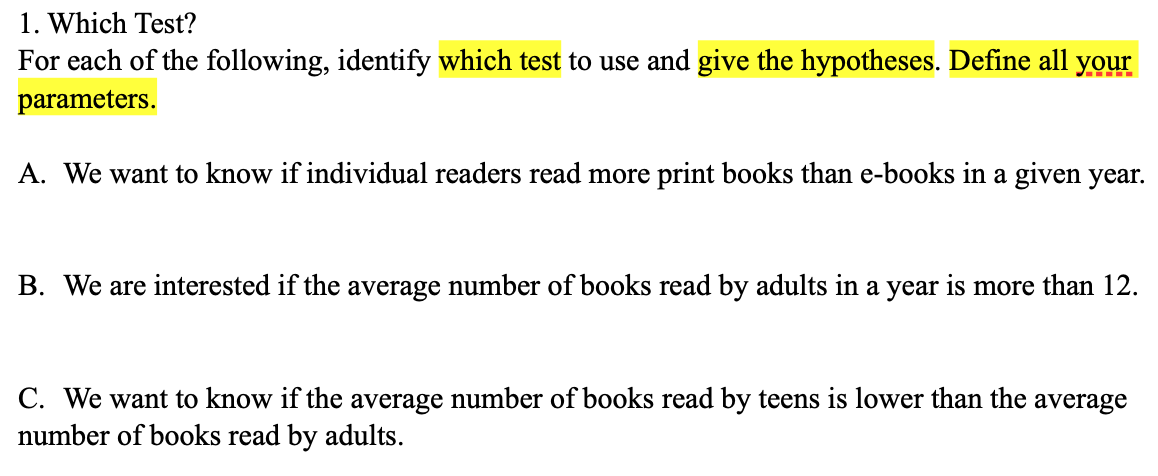 Solved 1. Which Test? For each of the following, identify | Chegg.com