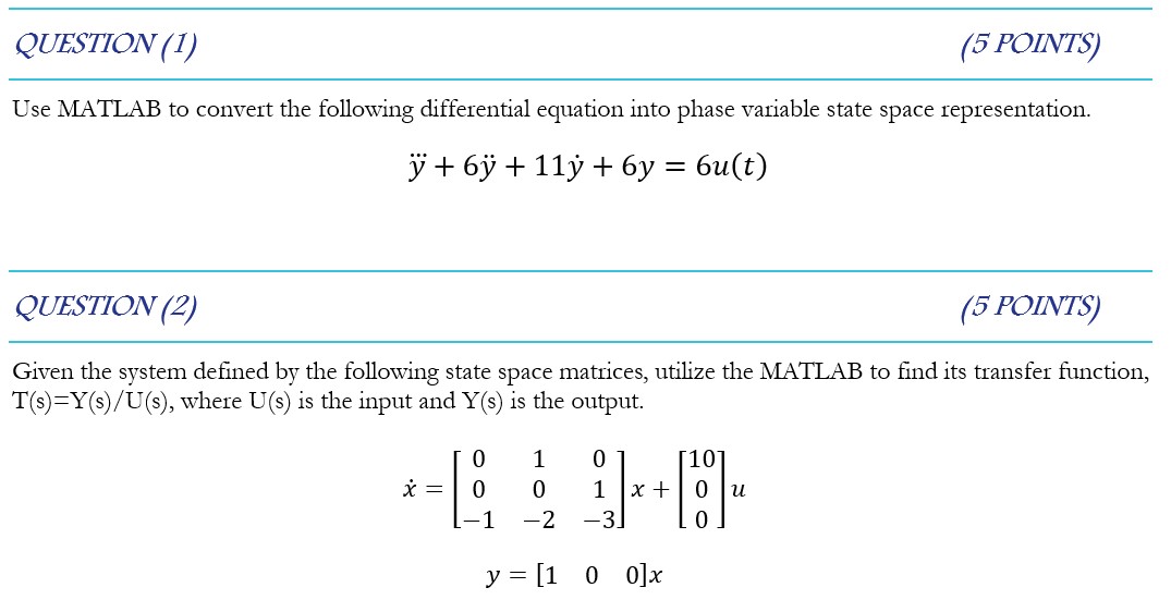 Solved Use MATLAB to convert the following differential | Chegg.com