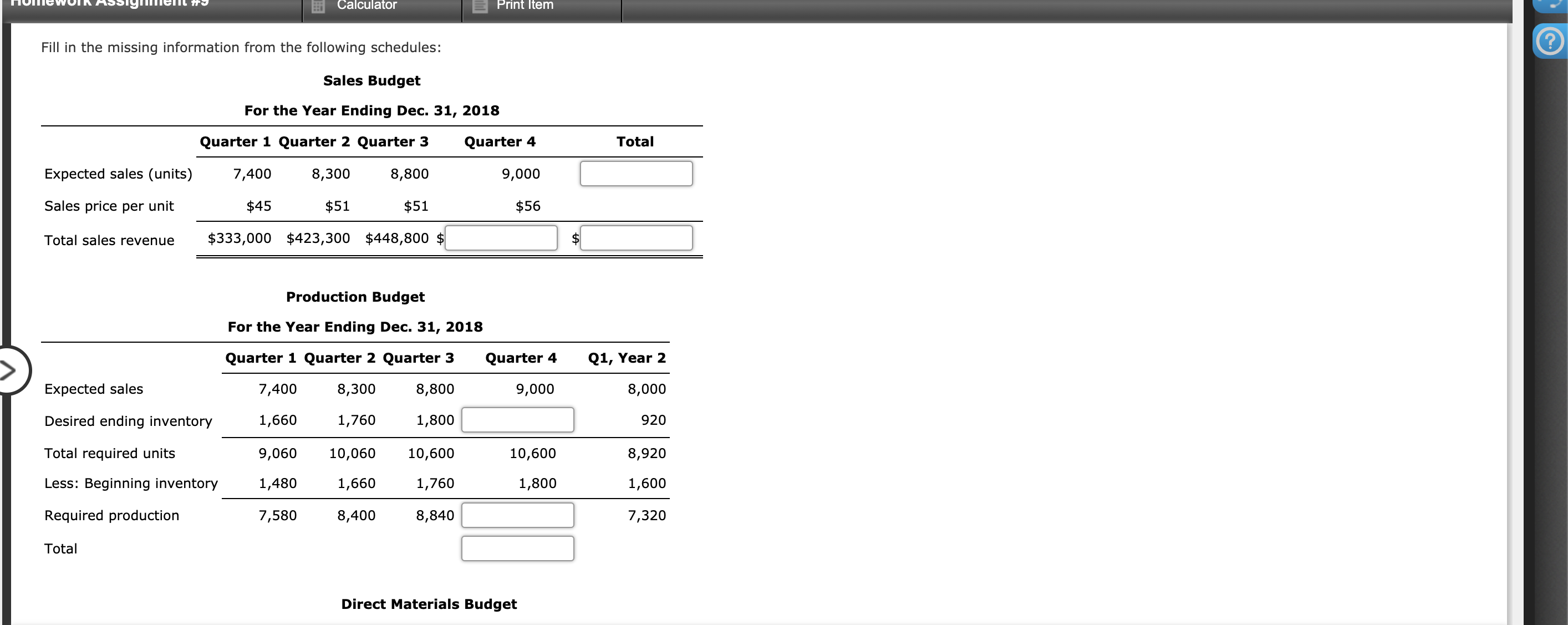 Solved Direct Materials Budget For the Year Ending Dec. 31, | Chegg.com