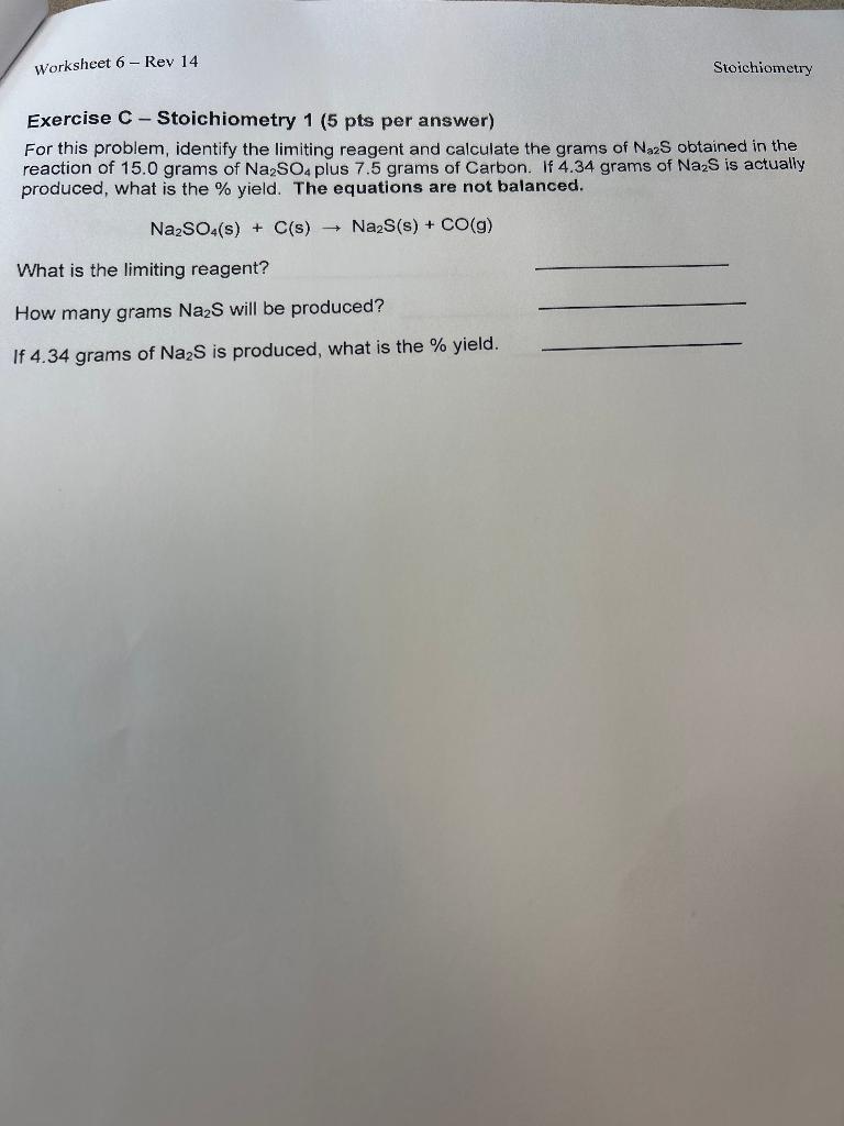 Solved Exercise C-Stoichiometry 1 (5 pts per answer) For | Chegg.com