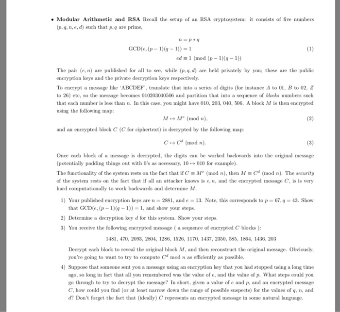 Solved Modular Arithmetic And Rsa Recall The Setup Of An Rsa 2186