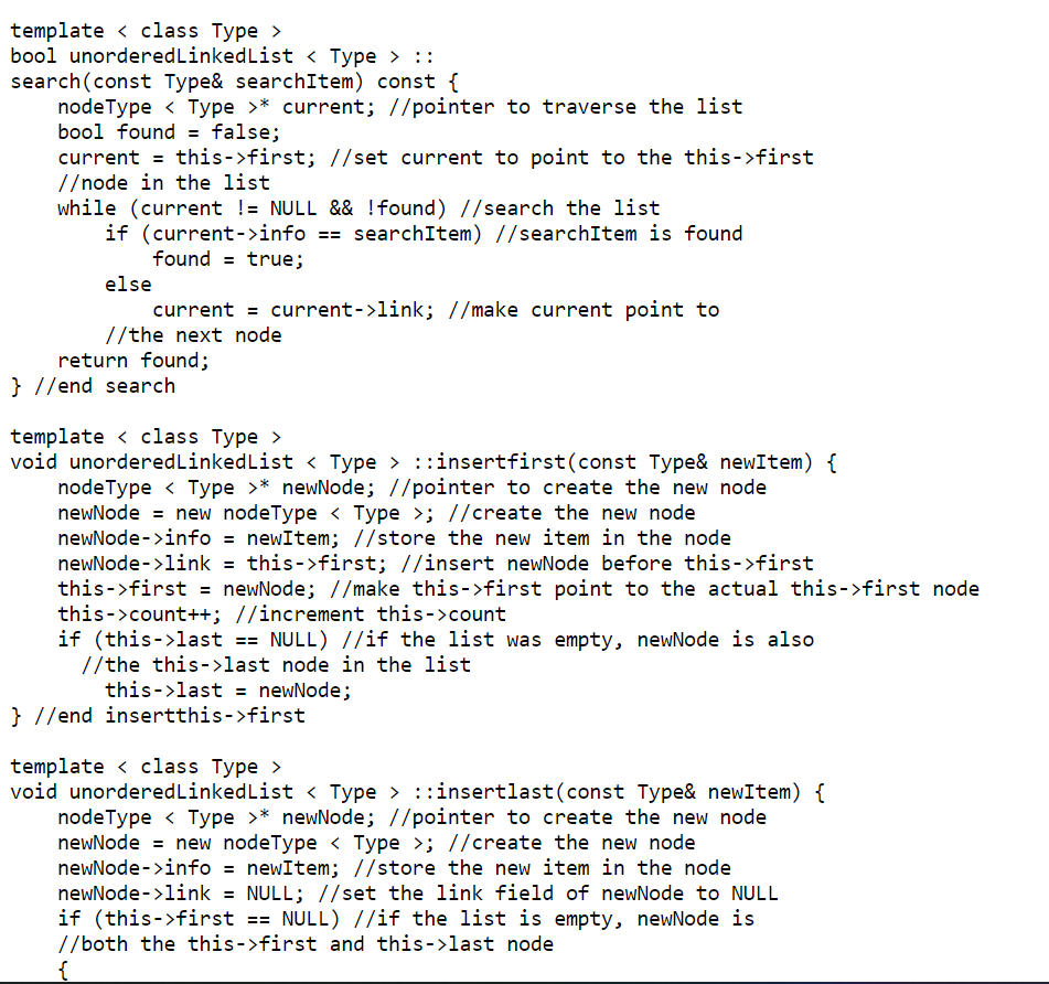 Solved Part 1: Starting from the unorderedLinkedList.h | Chegg.com