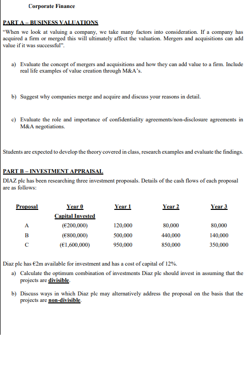 Corporate Finance PART A - BUSINESS VALUATIONS "When | Chegg.com