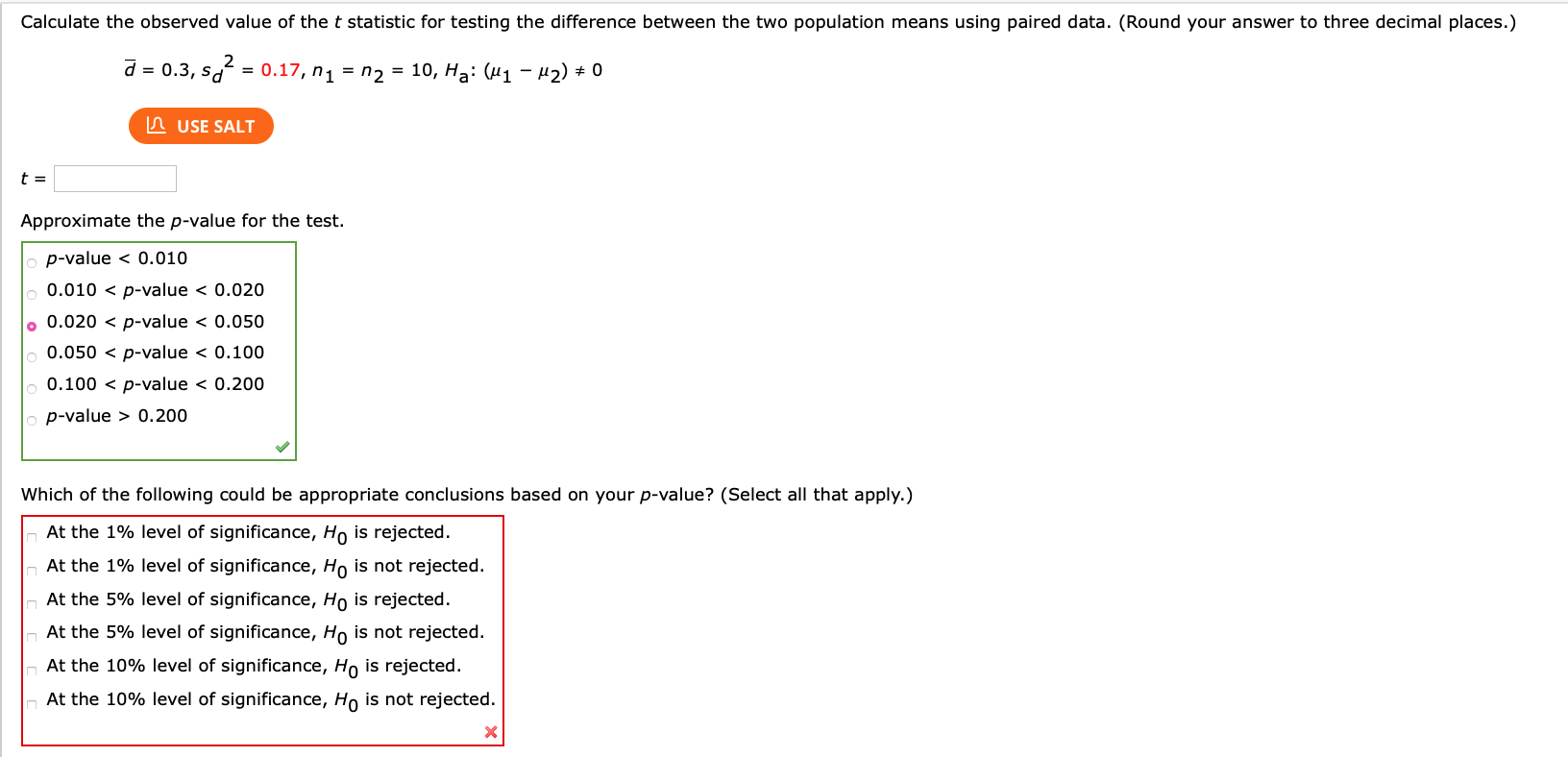 Solved Calculate the observed value of the t statistic for | Chegg.com