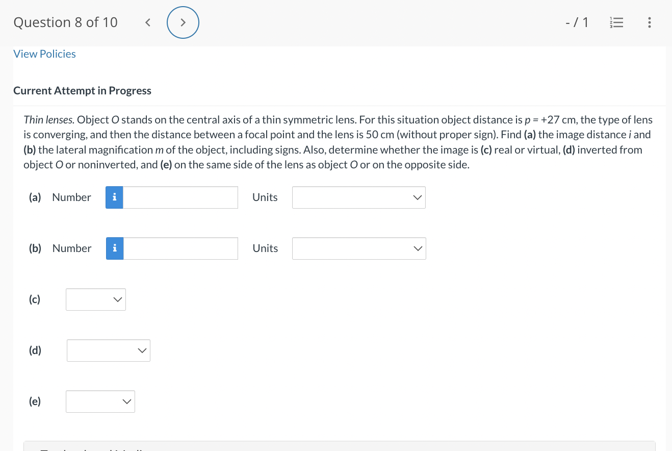 Solved Current Attempt in ProgressThin lenses. Object \( ﻿O | Chegg.com