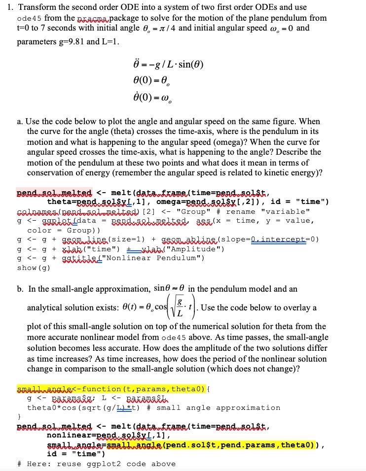 Solved 1 Transform The Second Order Ode Into A System Of