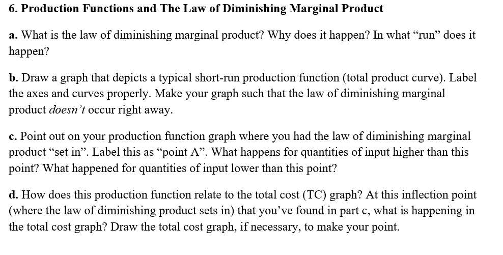 Solved 6. Production Functions and The Law of Diminishing | Chegg.com