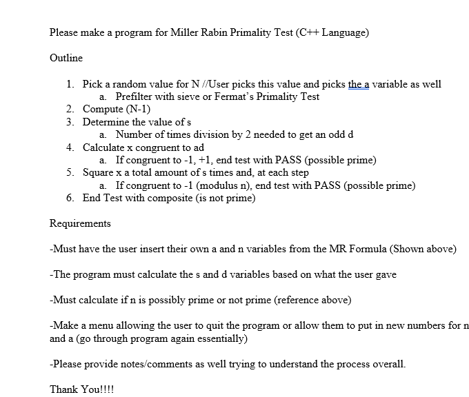 Solved Please make a program for Miller Rabin Primality Test | Chegg.com