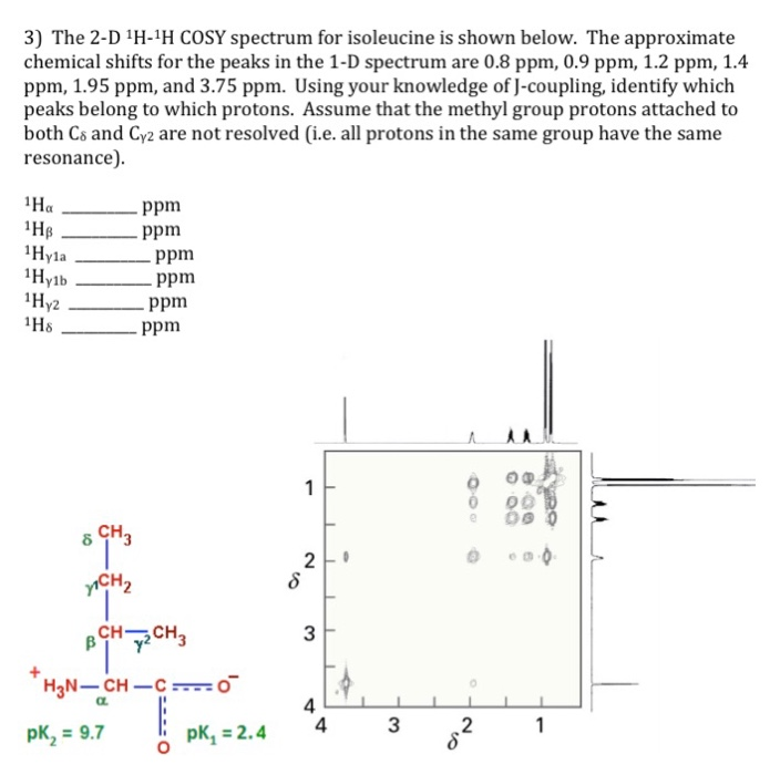 Solved 3) The 2-D 1H-1H COSY spectrum for isoleucine is | Chegg.com
