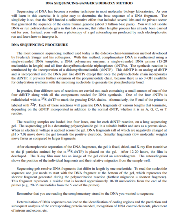 DNA SEQUENCING-SANGER'S DIDEOXY METHOD Sequencing of | Chegg.com