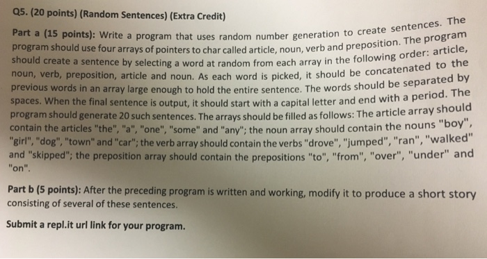 Solved Q5. (20 points) (Random Sentences) (Extra Credit) | Chegg.com
