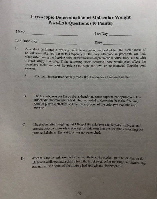 Solved Cryoscopic Determination of Molecular Weight Post-Lab | Chegg.com