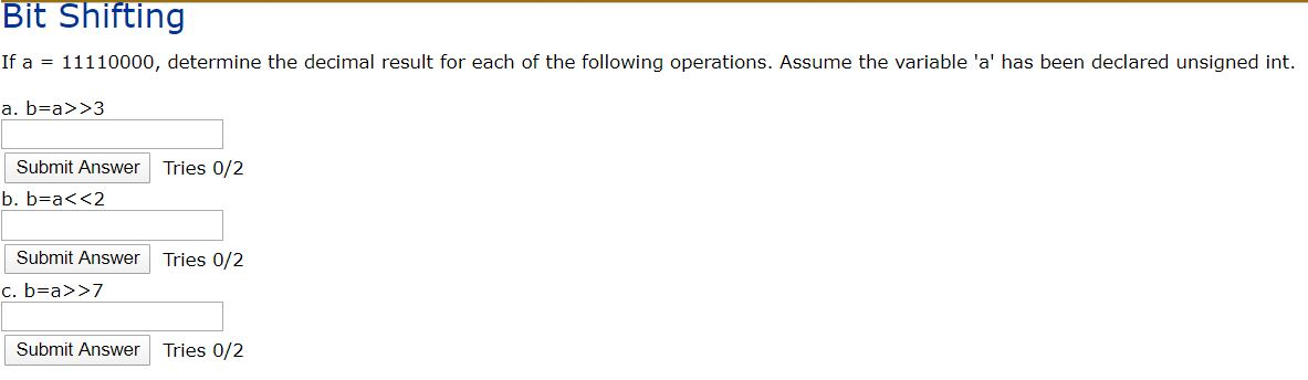 Solved Bit Shifting If a = 11110000, determine the decimal | Chegg.com