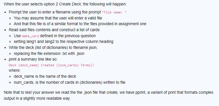 Solved When the user selects option 2 Create Deck, the | Chegg.com